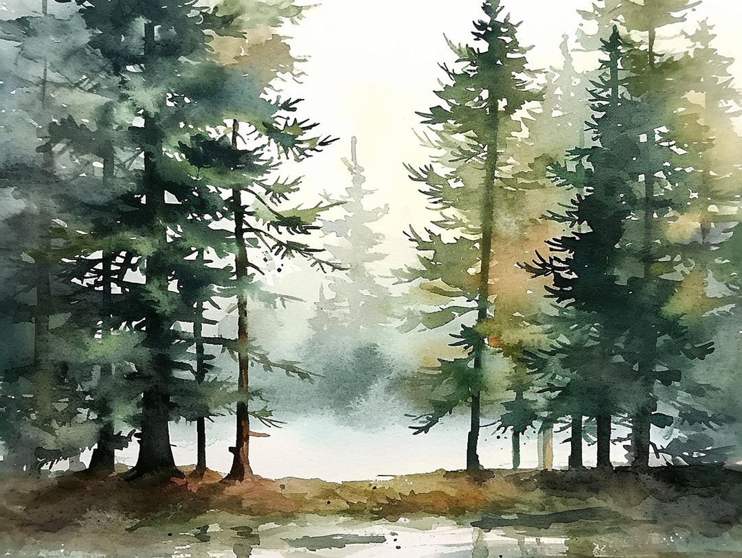 Oregon Forest Painting Pine Watercolor Art Print Misty Landscape Wall ...