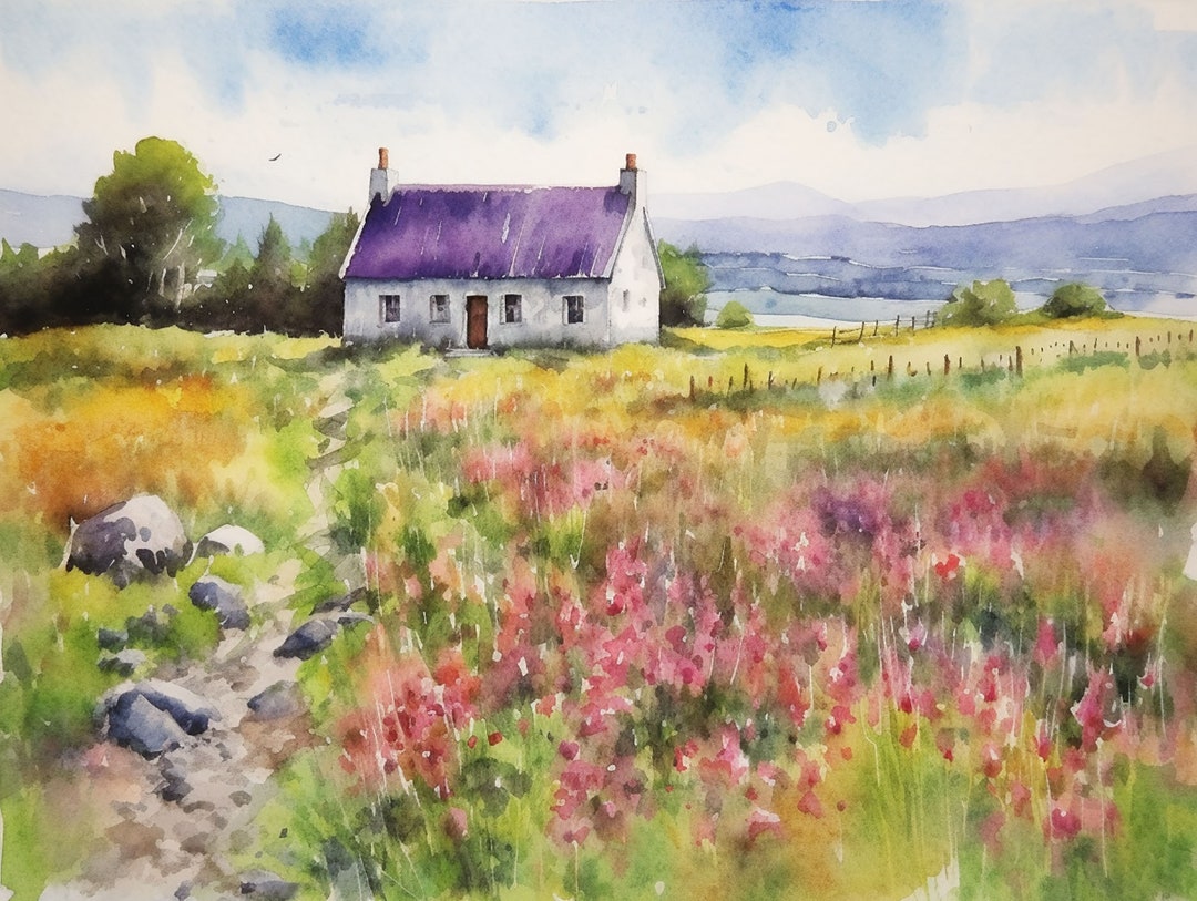 Irish Cottage Painting Cong Watercolor Art Print County Mayo Landscape ...