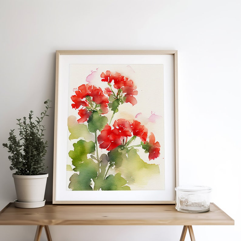 Geranium Watercolor Floral Art Print Red Flowers Botanical Wall Art ...