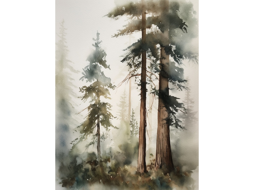 Pine Forest Watercolor Foggy Landscape Misty Pine Trees Wall Art Calming Wall Decor - Etsy