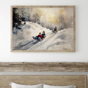 Christmas Painting Children Sledding Art Winter Forest Landscape Print ...