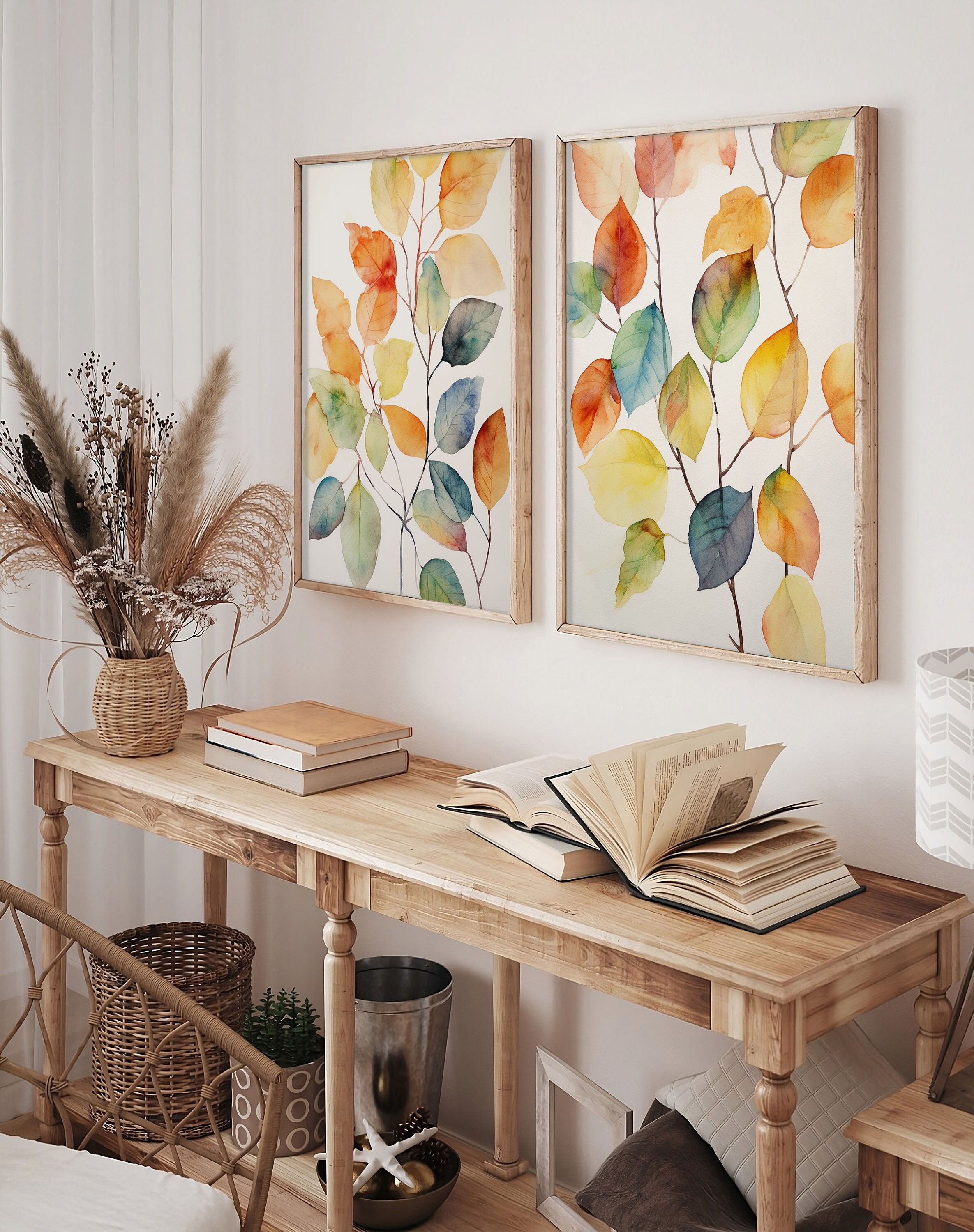 Leaves Watercolor Art Set of 2 Prints Autumn Forest Wall Art Colorful ...
