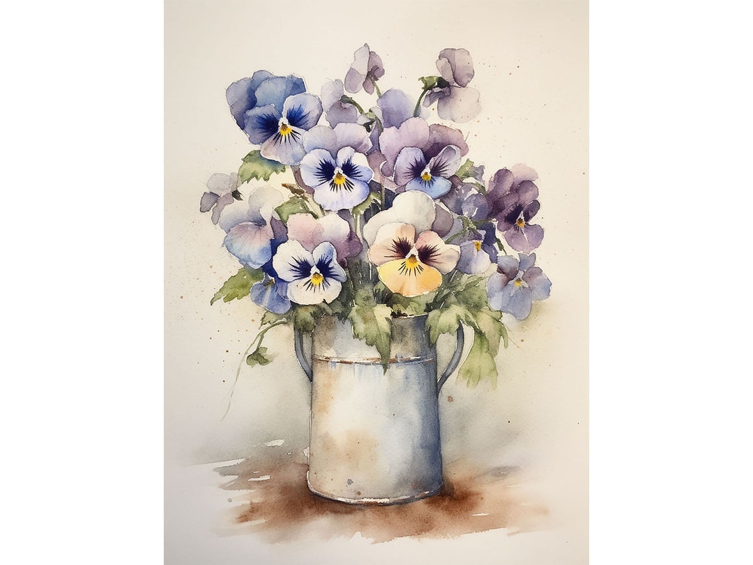 Pansy Painting Violets Flowers in Enamel Pot Watercolor Art Print ...