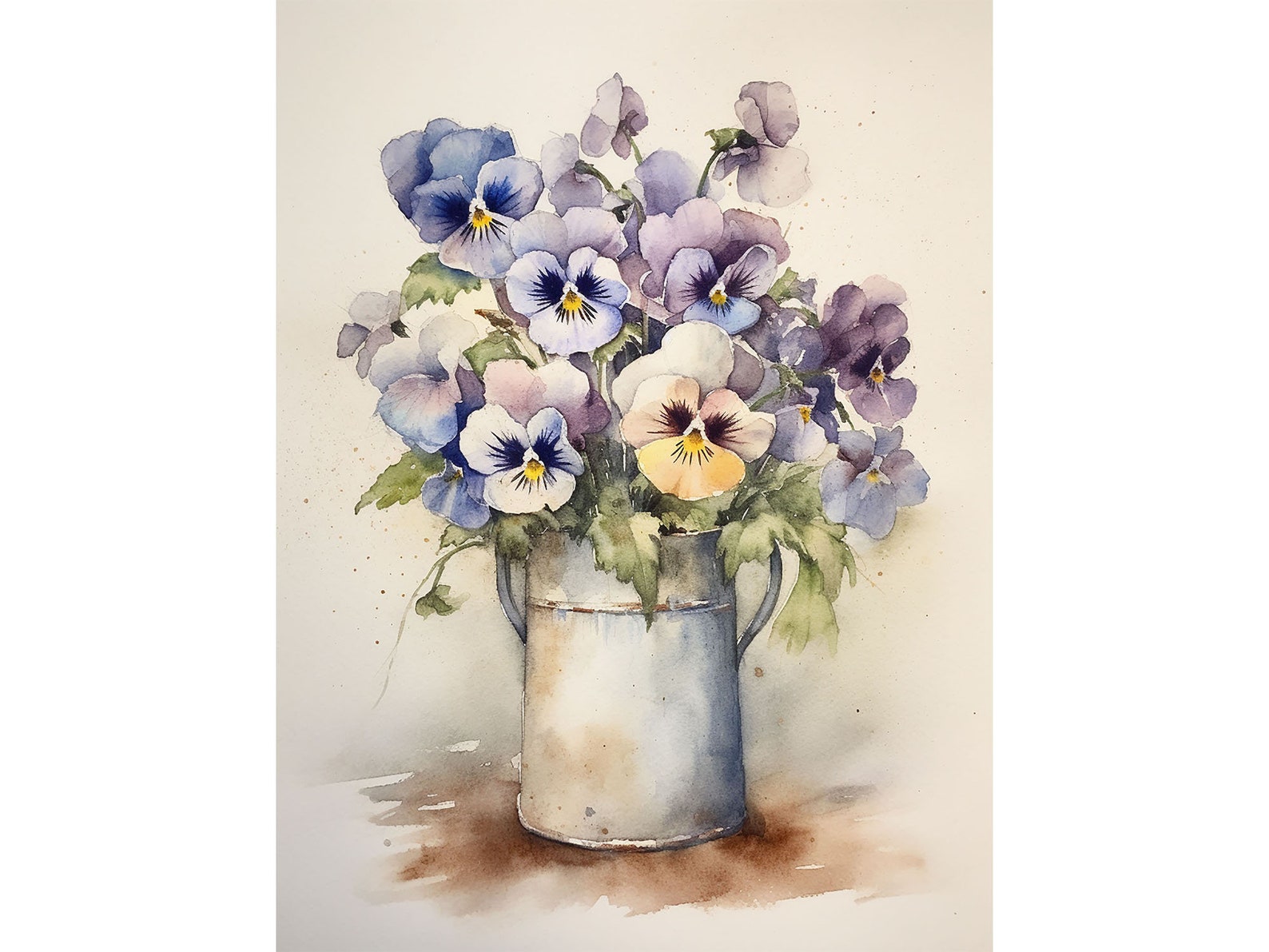 Pansy Painting Violets Flowers in Enamel Pot Watercolor Art Print ...