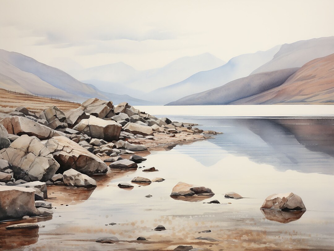 Crater Lake Print Rocky Shore Watercolor Painting Oregon Landscape Art ...