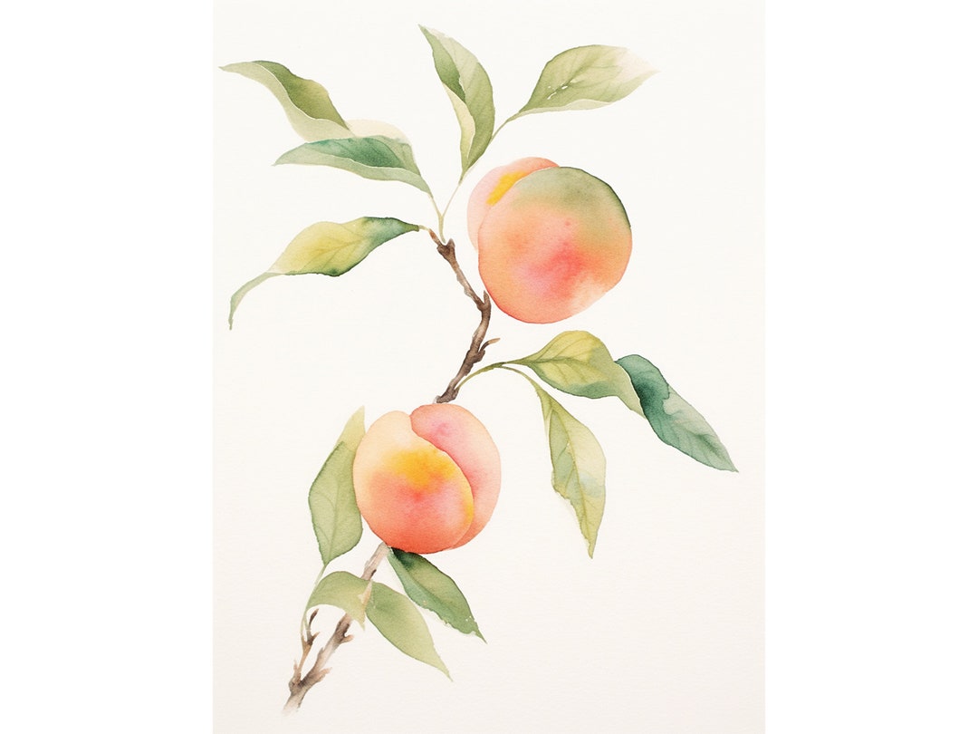 Peach Watercolor Painting Fruit Art Print Peach Branch Wall Art Two ...