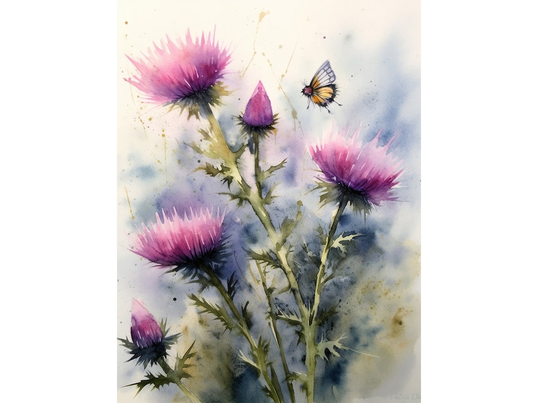 Thistle Watercolor Painting Scottish Thistle Art Print Butterfly Painting Wildflowers Wall Art ...