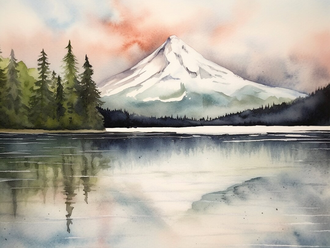 Oregon Watercolor Painting Trillium Lake Art Print Mount Hood Wall Art ...