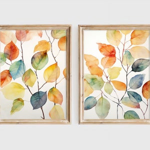 Leaves Watercolor Art Set of 2 Prints Autumn Forest Wall Art Colorful ...