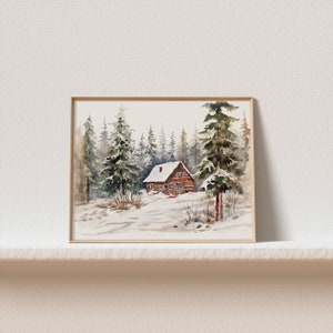 Winter Cabin Print Snow Scene Watercolor Painting Snowy Forest Wall Art ...