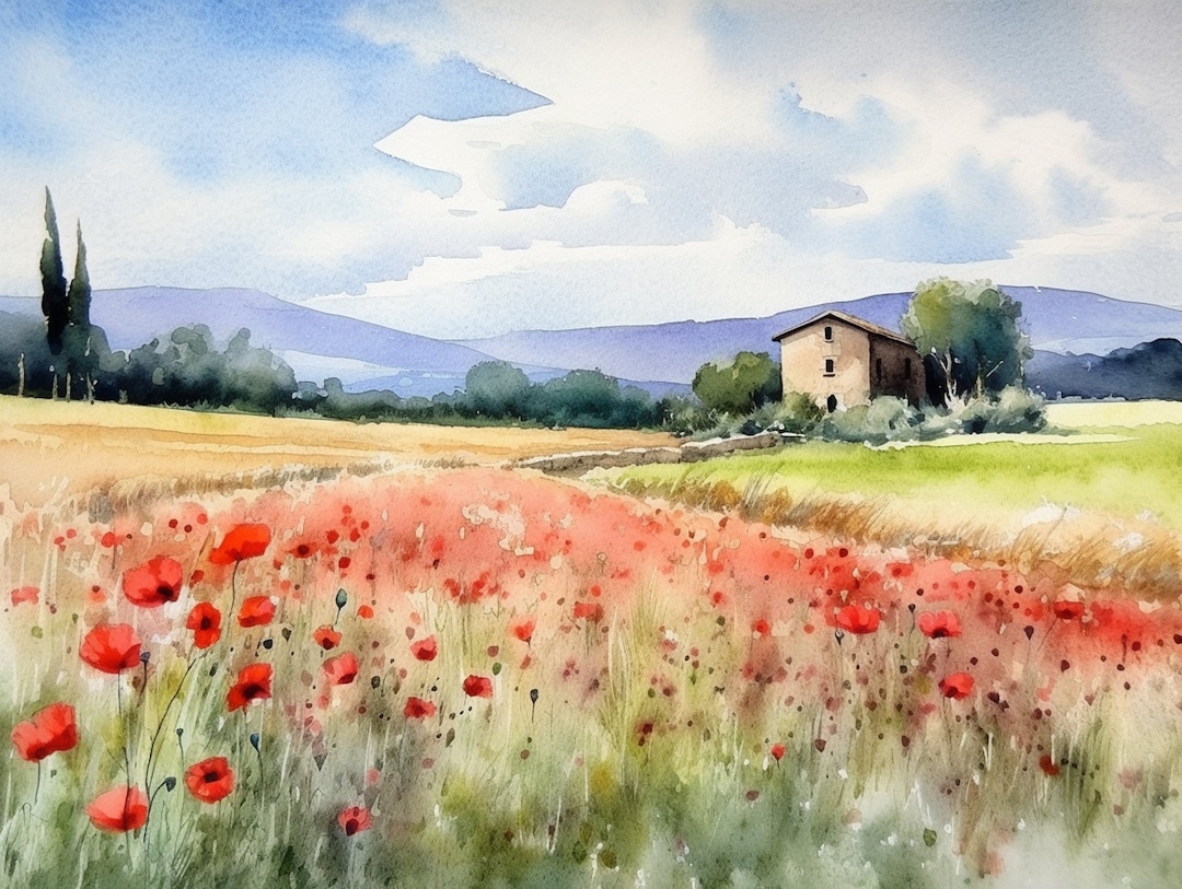 Tuscany Painting Poppy Field Watercolor Painting Farm Landscape Italy ...