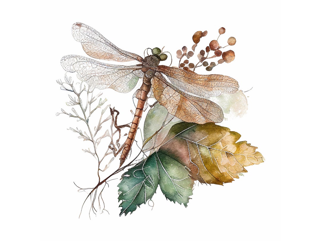 Dragonfly Watercolor Art Print From Original Painting Fall Leaves Wall ...
