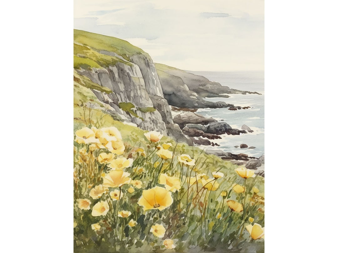 Kerry Cliffs Painting Buttercup Flowers Watercolor Wall Art Ring of ...