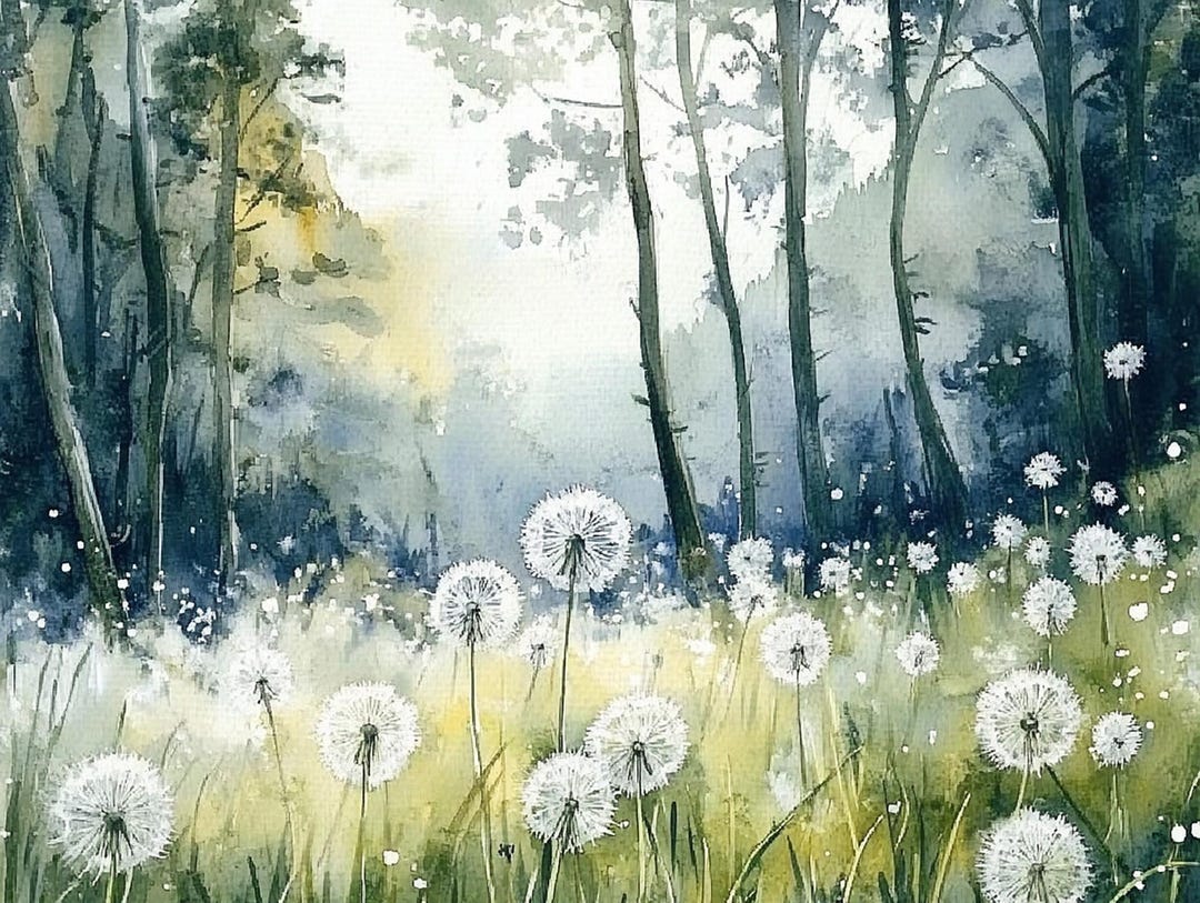 Summer Field Painting Fluffy Dandelion Watercolor Art Print White ...