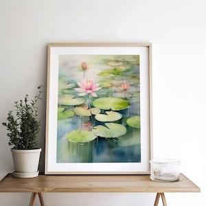 Lotus Painting Pond Watercolor Art Print Water Lily Flower Wall Art ...