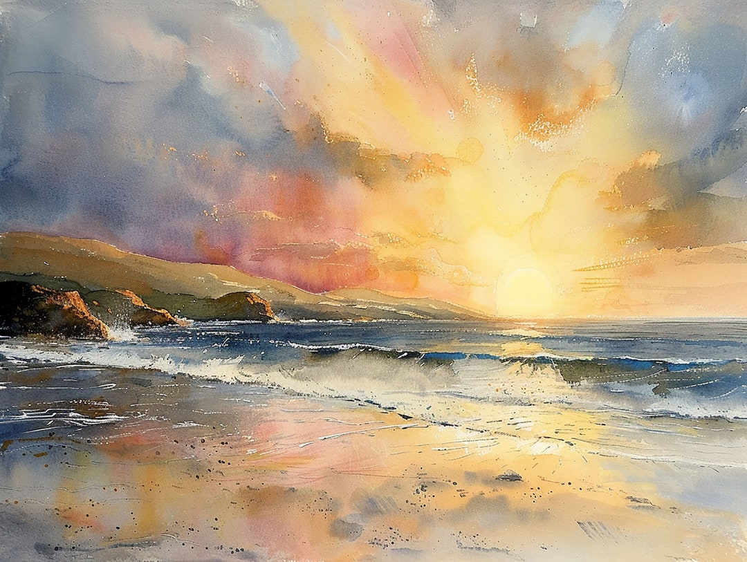 Beach Painting Sunset on Beach Watercolor Art Print Ocean Wall Art ...