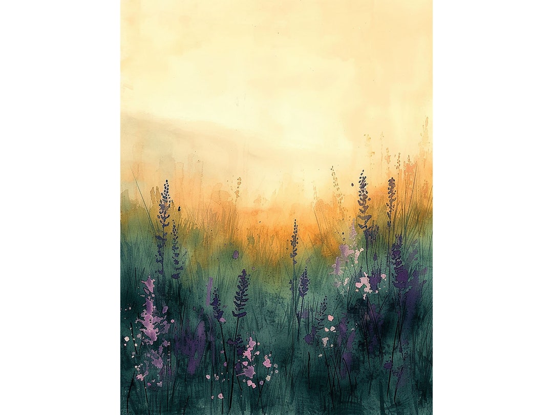 Meadow Painting Sunset Landscape Watercolor Art Print Purple ...