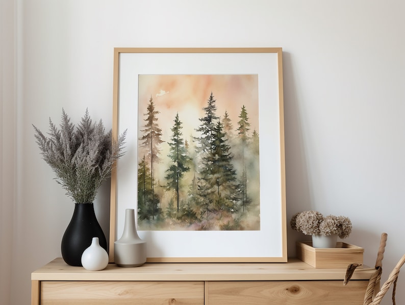 Pine Trees Watercolor Evergreen Art Print Foggy Forest Landscape Wall ...