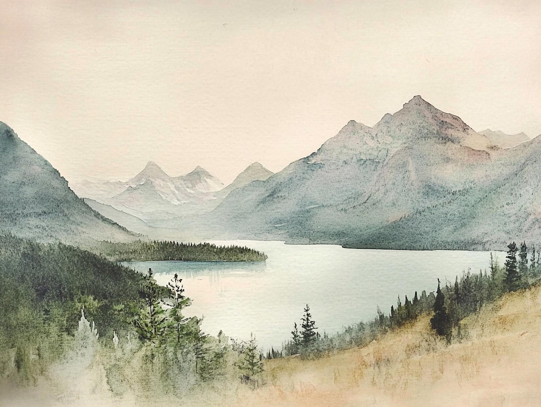 Waterton Lake Painting Canada Watercolor Art Print Mountain Lake ...