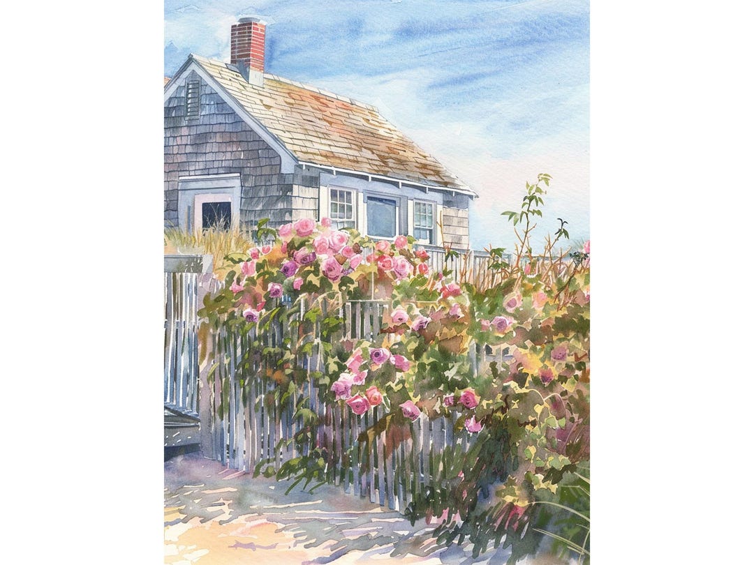 Beach House Painting Cape Cod Art Print Roses Garden Watercolor Wall ...