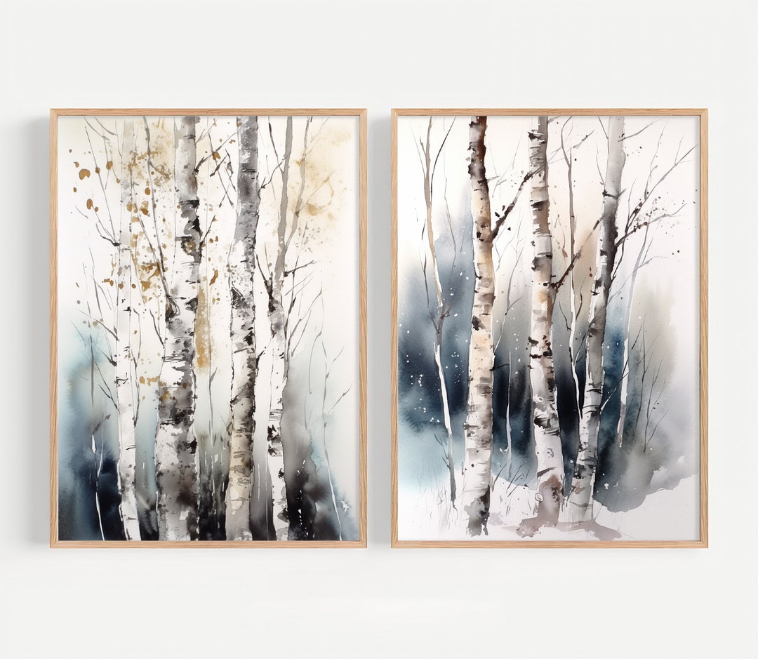 Birch Tree Wall Art Set of 2 Aspen Landscape Watercolor Print Neutral ...