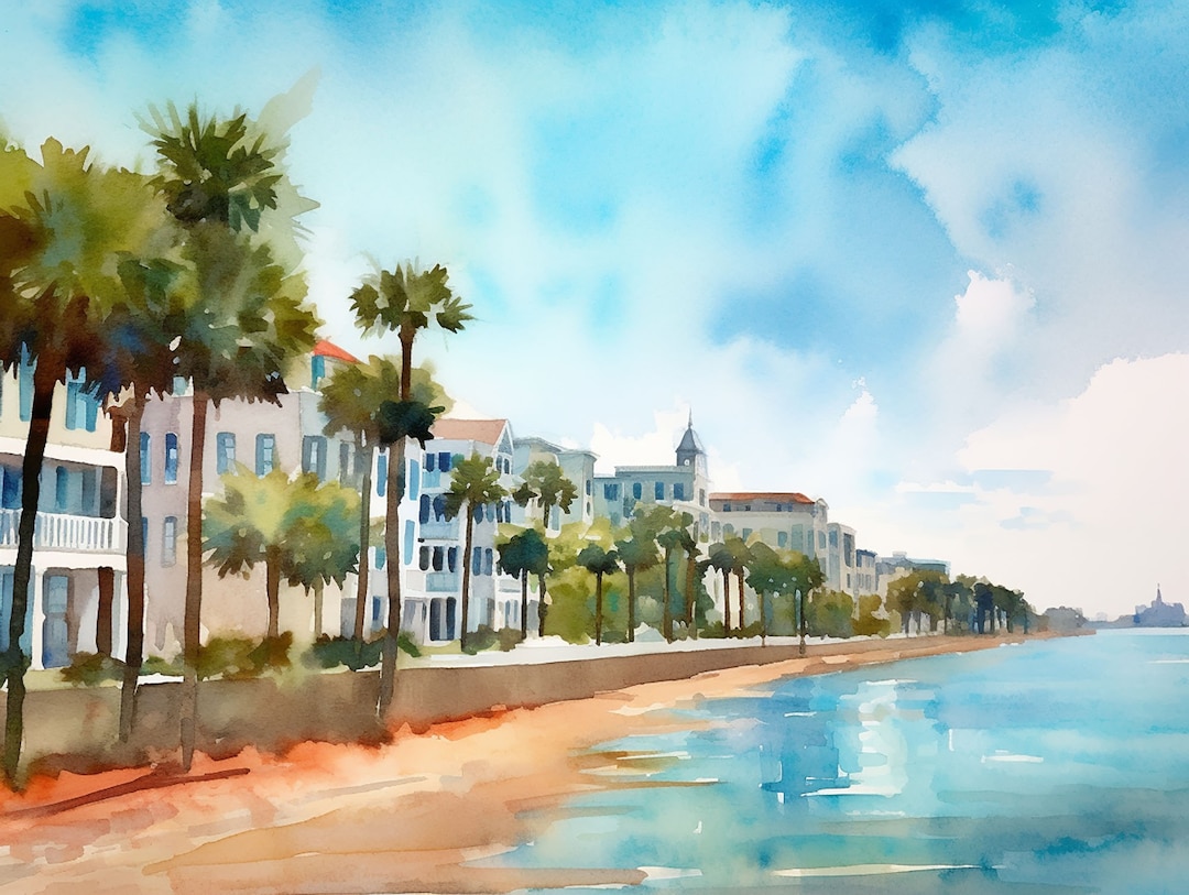 Battery Charleston Painting Beach Watercolor South Carolina Landscape ...