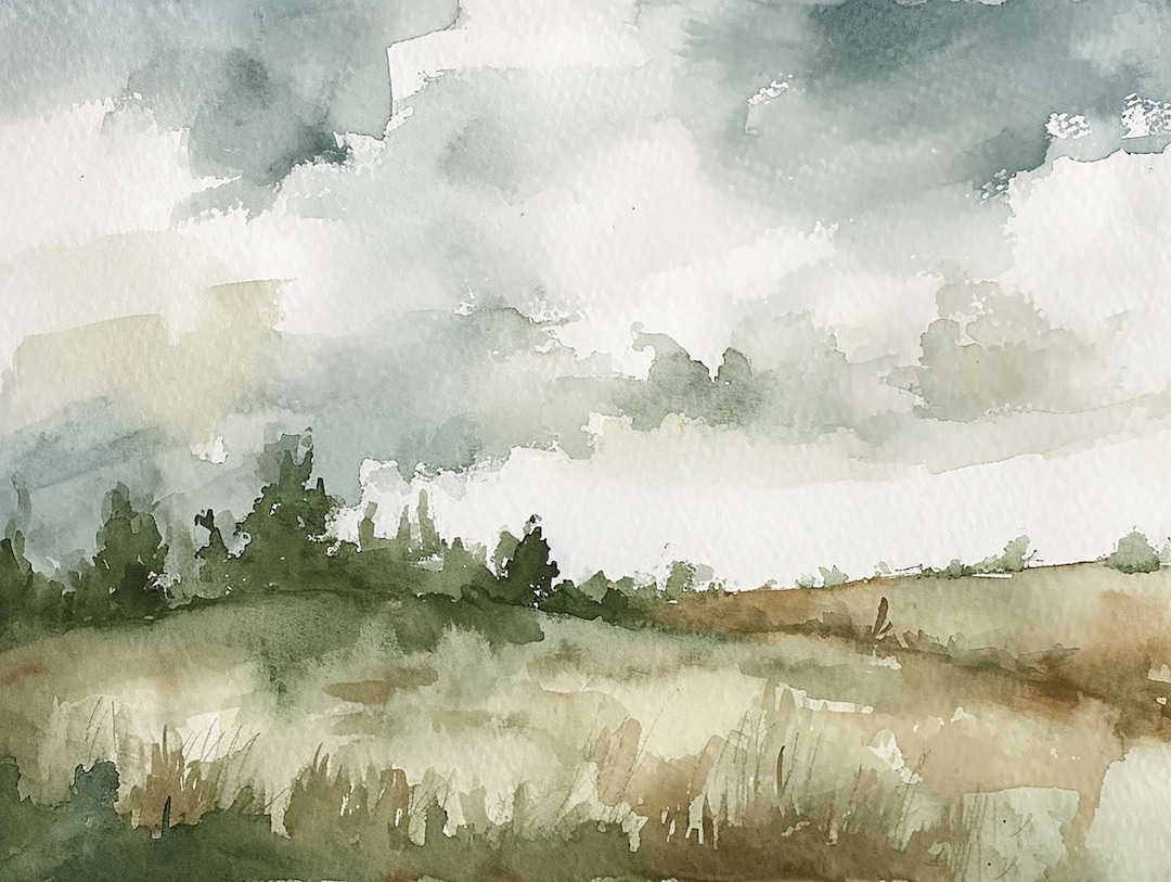 Countryside Painting Rustic Landscape Watercolor Art Print Neutral ...