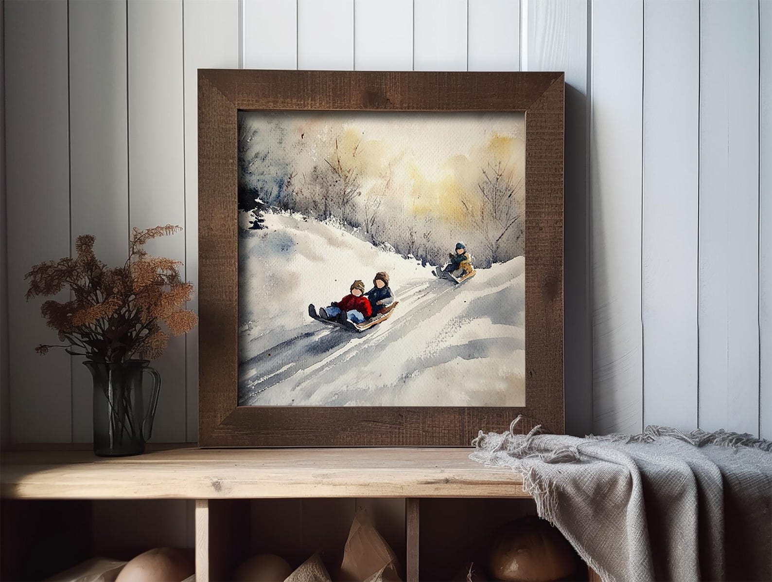 Christmas Painting Children Sledding Art Winter Forest Landscape Print ...