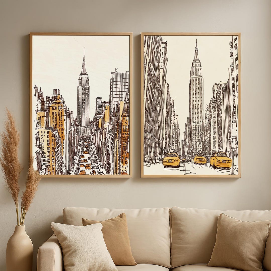 New York Skyline Art Set of 2 Watercolor Prints NYC Street View Empire ...