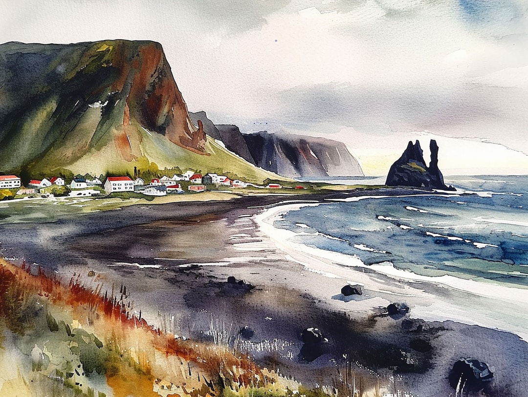 Town of Vik Painting Iceland Watercolor Art Print South Shore Landscape ...