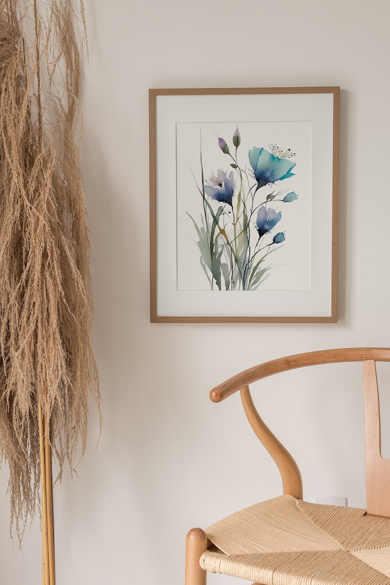 Wildflowers Painting Blue Flowers Watercolor Art Print Turquoise Spring ...
