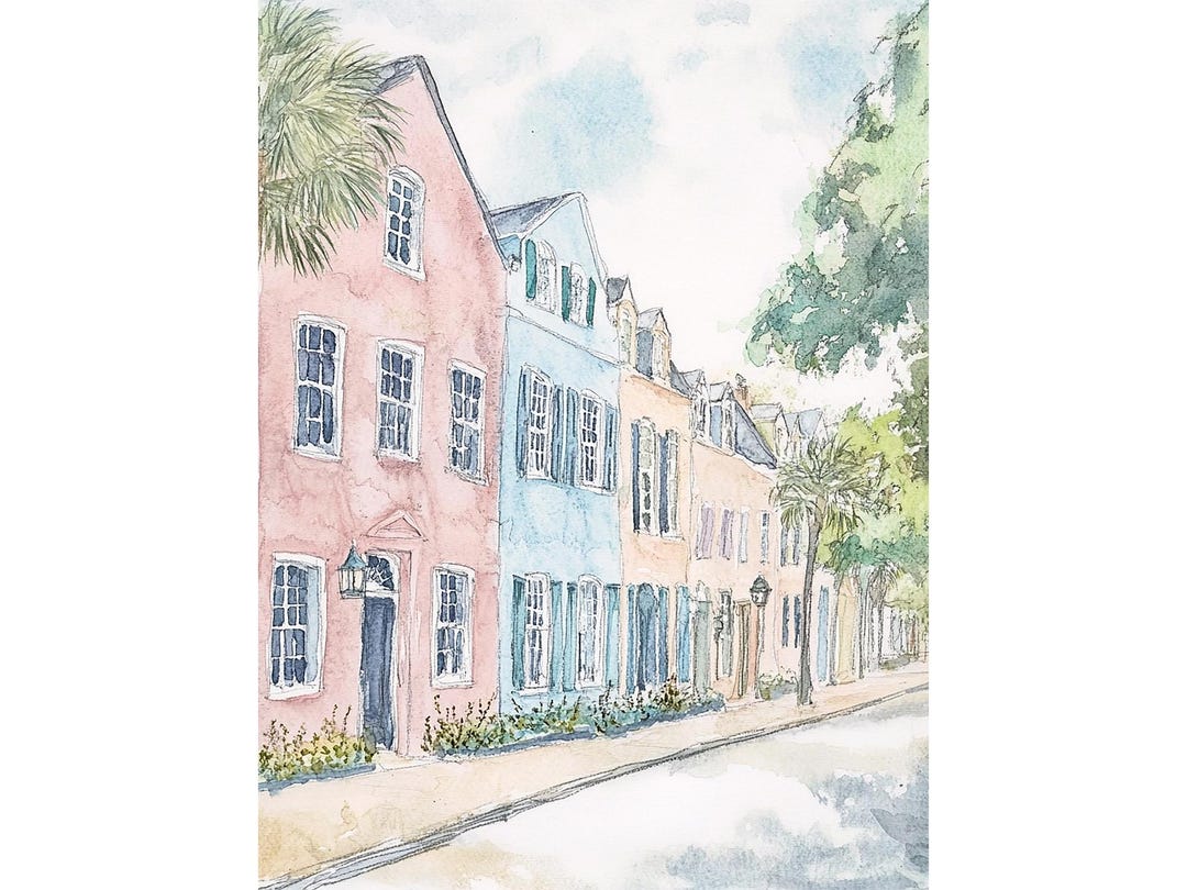Rainbow Row Print Charleston Watercolor Art Print Cityscape Art Print ...