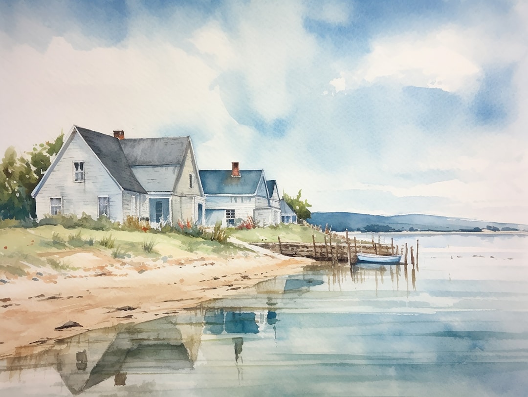 Lakeside Painting Summer Homes Watercolor Beach Landscape Wall Art ...