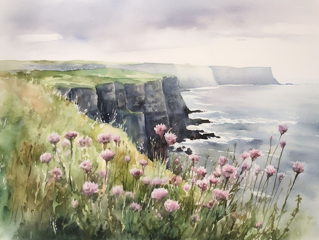 Cliffs of Moher Painting Thistle Watercolor Print Emerald Isle Wall Art ...