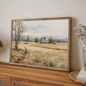 Countryside Painting Farmhouse Watercolor Art Print Autumn Rustic ...