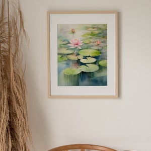 Lotus Painting Pond Watercolor Art Print Water Lily Flower Wall Art ...