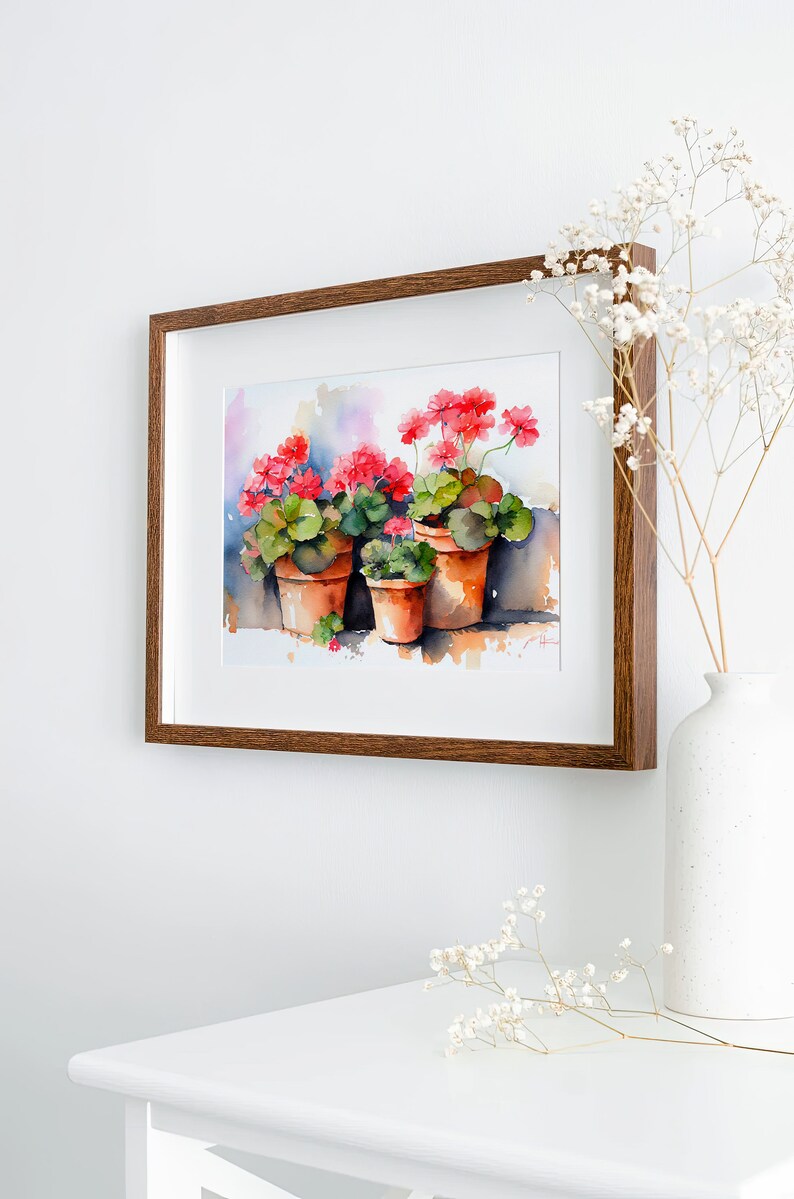 Geranium Painting Floral Watercolor Art Print Geranium Pots Wall Art ...