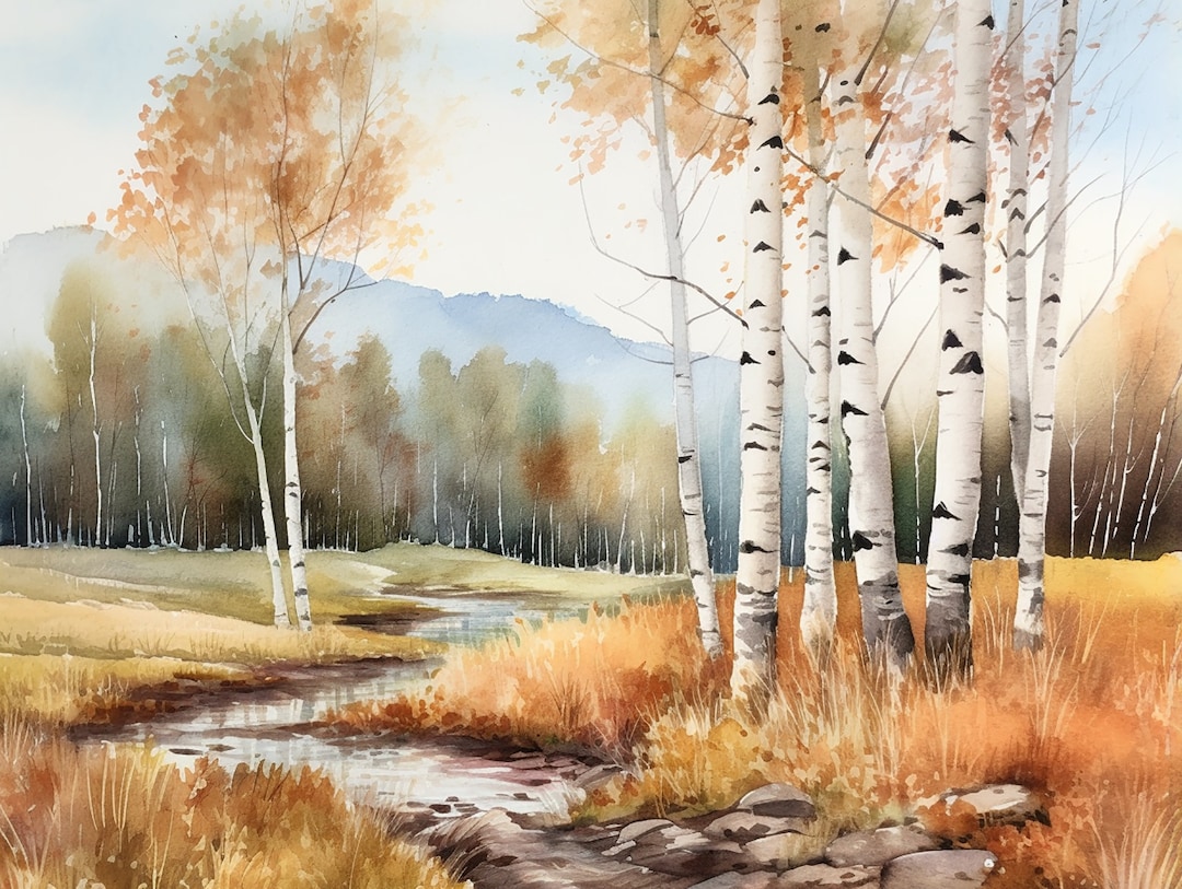 Birch Forest Painting Aspen Landscape Watercolor Fall Trees Art Print ...