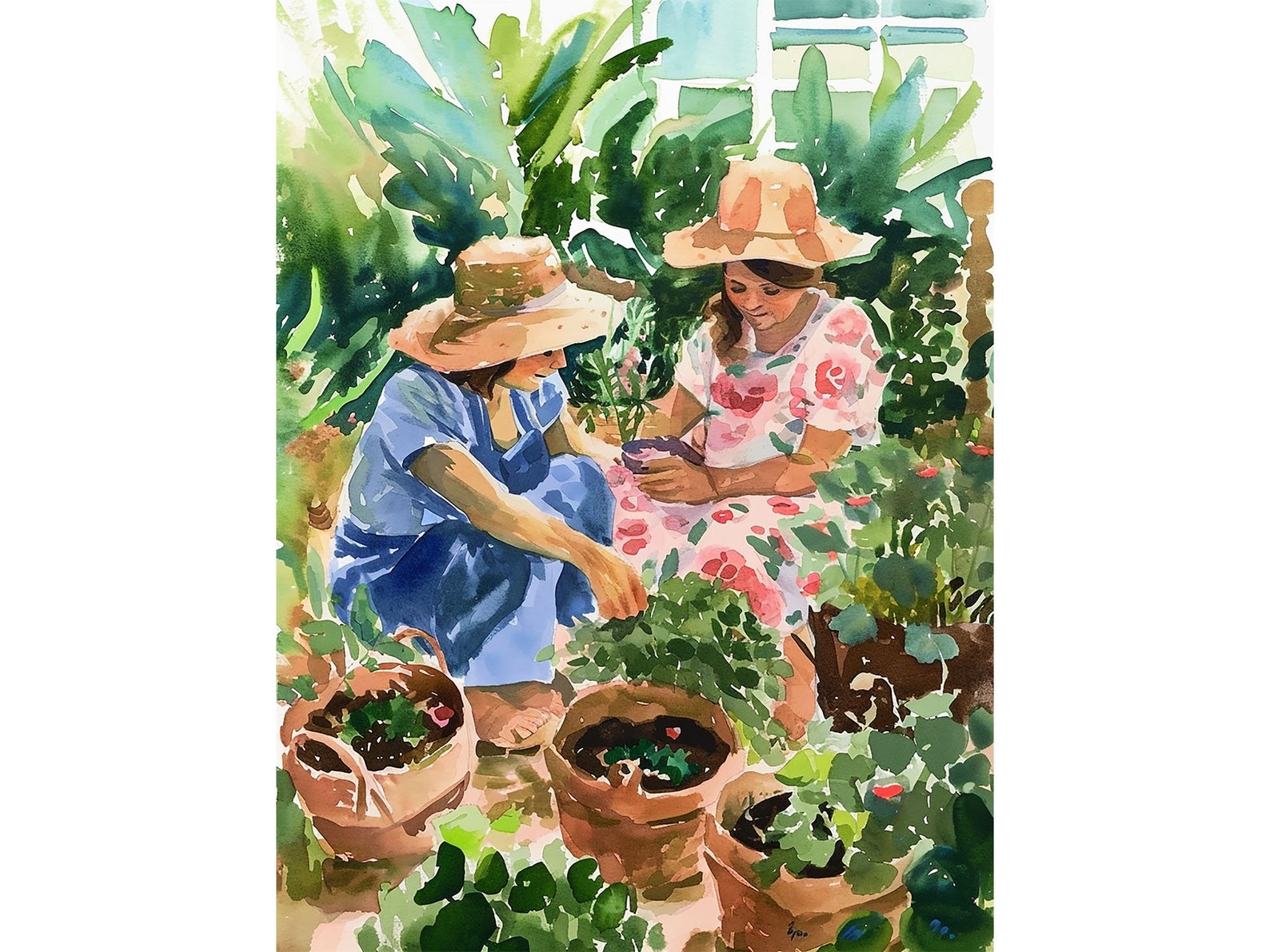 Gardener Painting Mom and Daughter Watercolor Art Print Home Garden ...