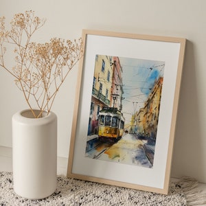 Lisbon Painting Portugal Cityscape Watercolor Art Print Tram Wall Art ...