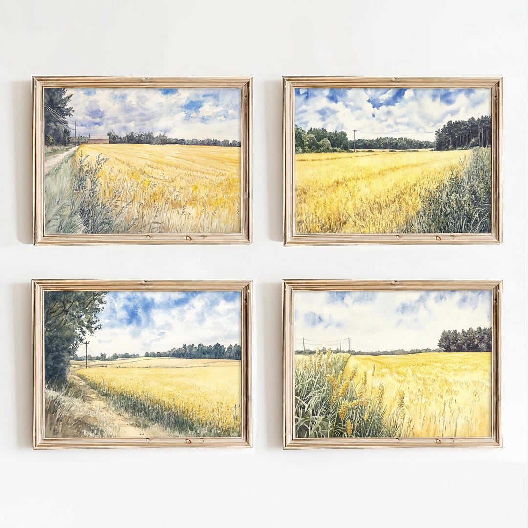Field Painting Set of 4 Prints Indiana Countryside Watercolor Landscape ...