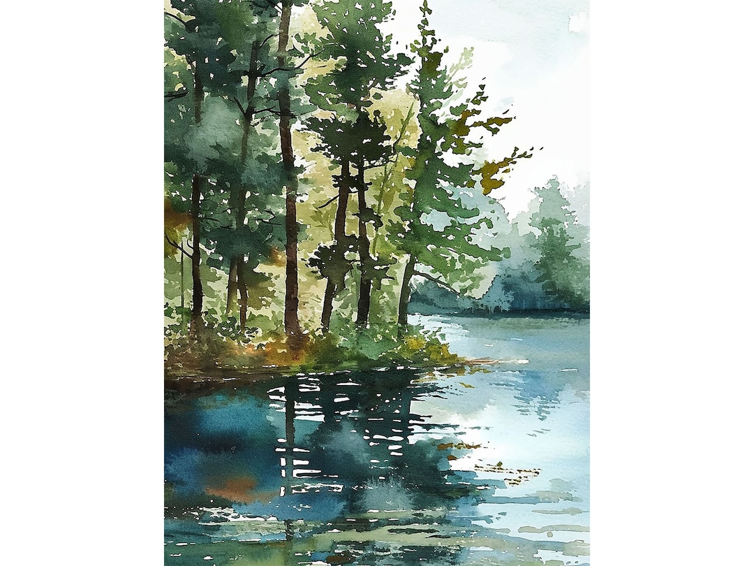 Finger Lakes Painting Forest Lake Watercolor Art Print Pine Tree Wall ...