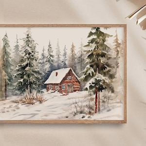 Winter Cabin Print Snow Scene Watercolor Painting Snowy Forest Wall Art ...
