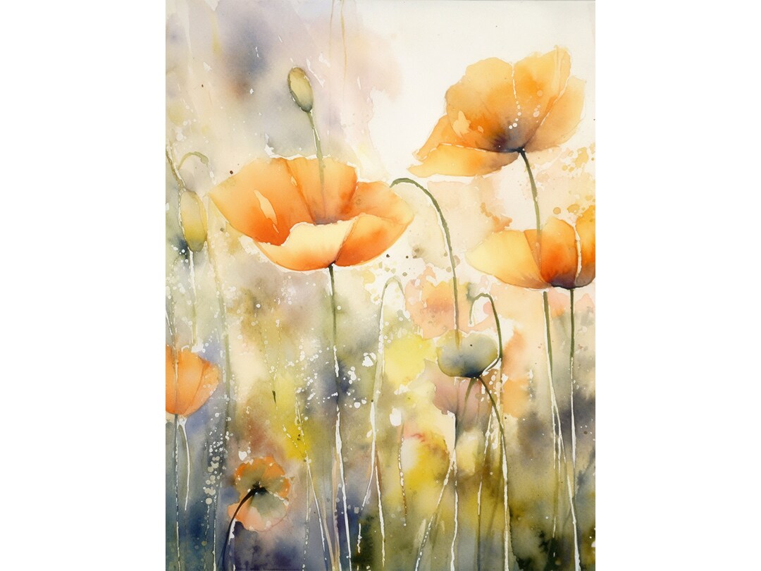 Orange Poppies Watercolor Painting Wildflowers Meadow Art Print Poppy ...