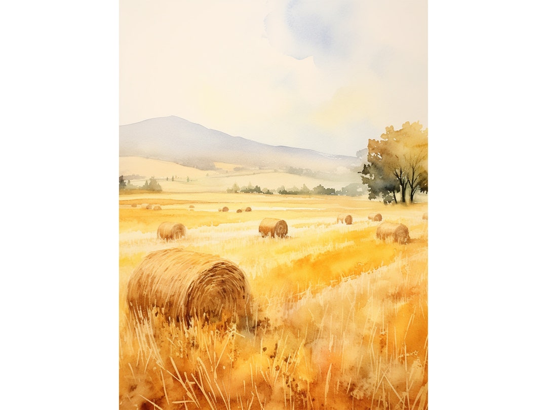 Haystacks Watercolor Painting Farmhouse Art Print Hay Field Landscape ...