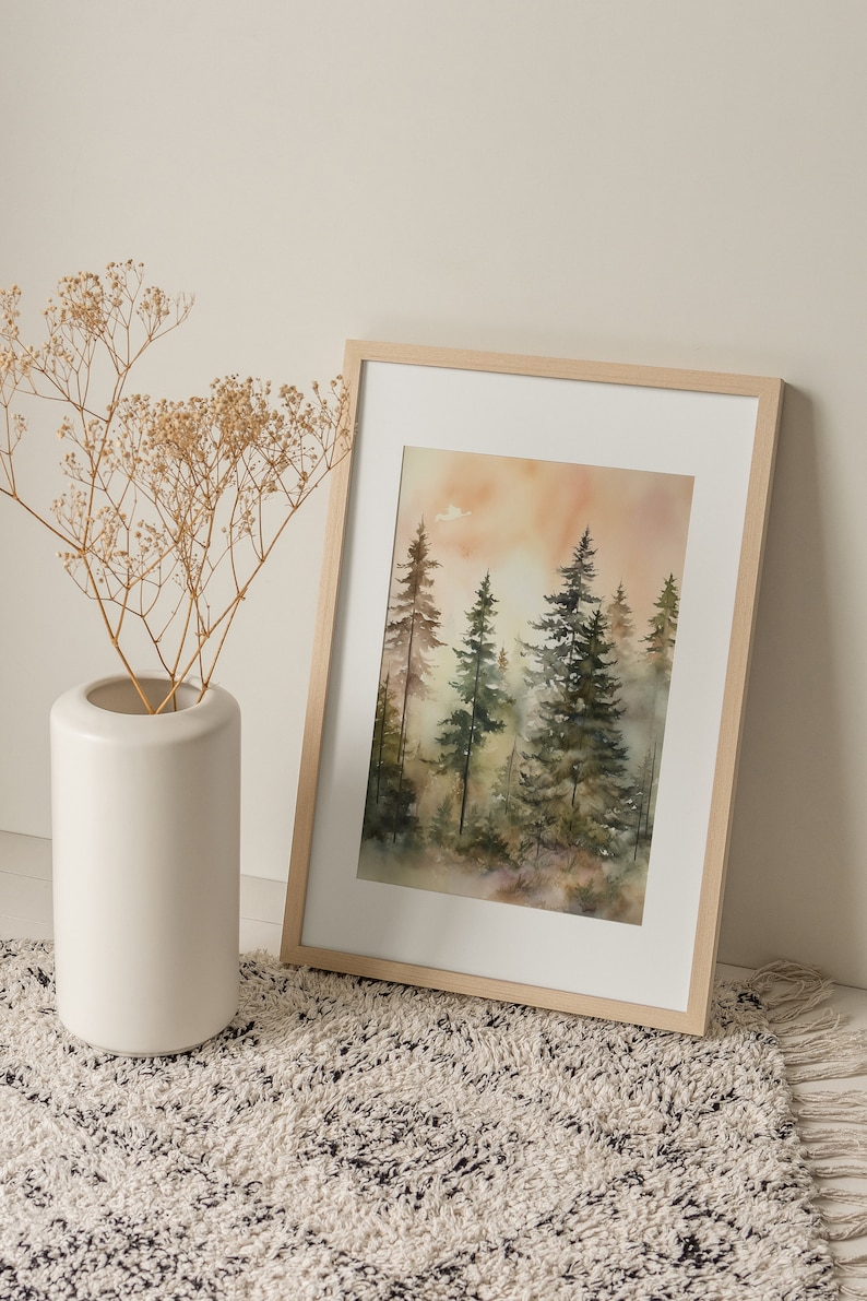Pine Trees Watercolor Evergreen Art Print Foggy Forest Landscape Wall ...