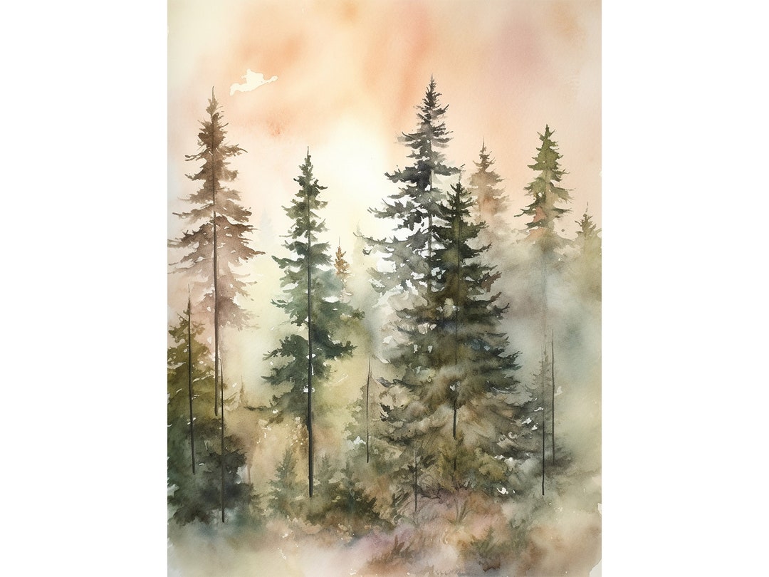 Pine Trees Watercolor Evergreen Art Print Foggy Forest Landscape Wall ...