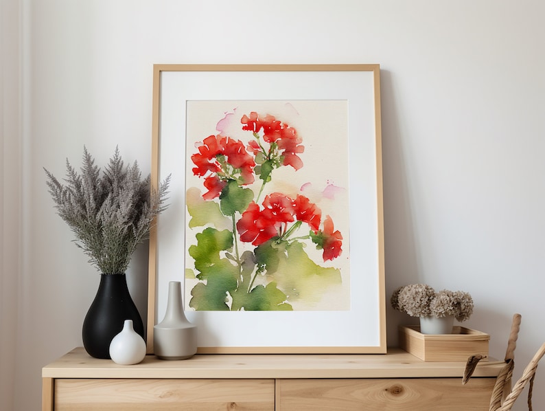 Geranium Watercolor Floral Art Print Red Flowers Botanical Wall Art ...