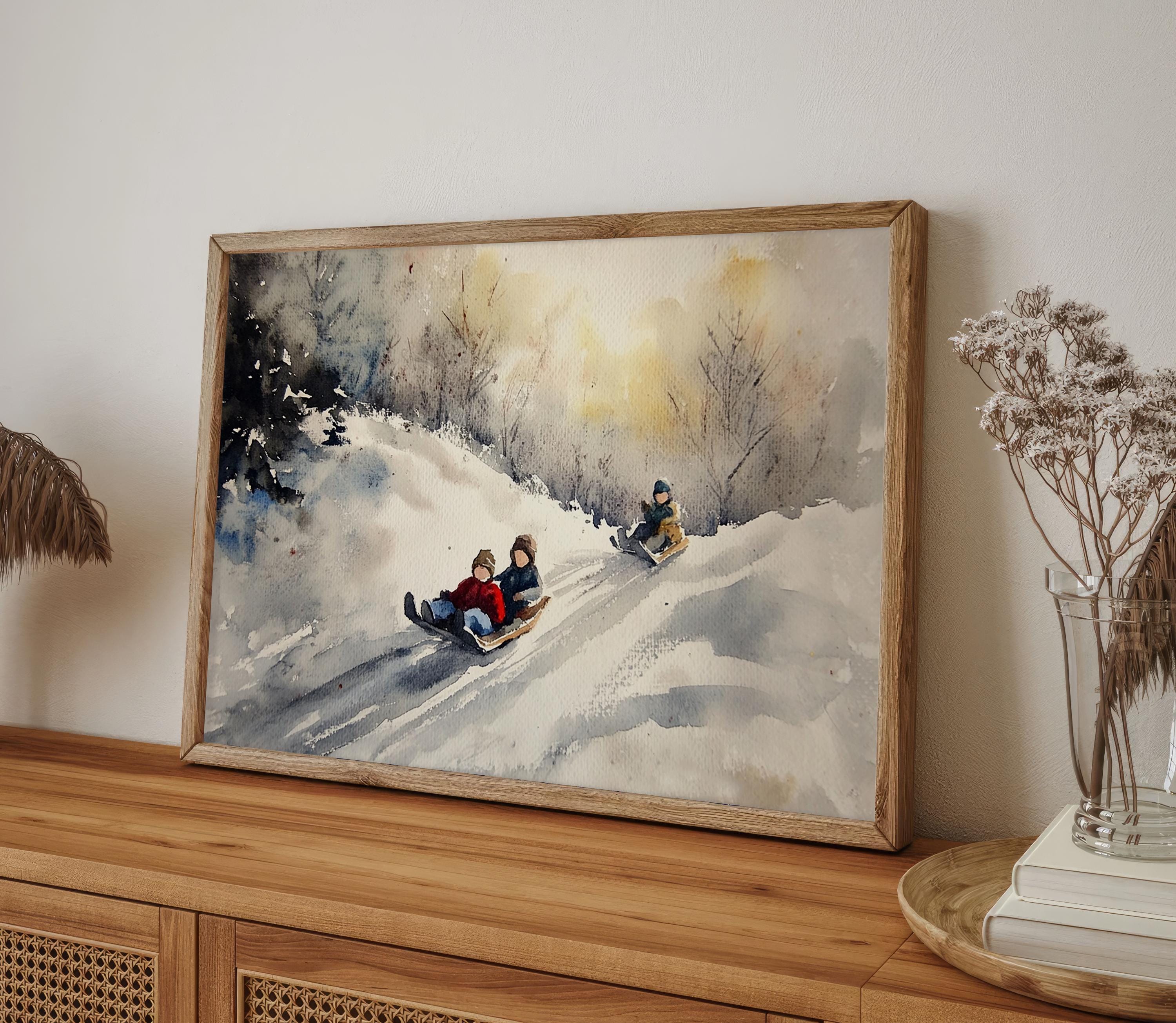 Christmas Painting Children Sledding Art Winter Forest Landscape Print ...