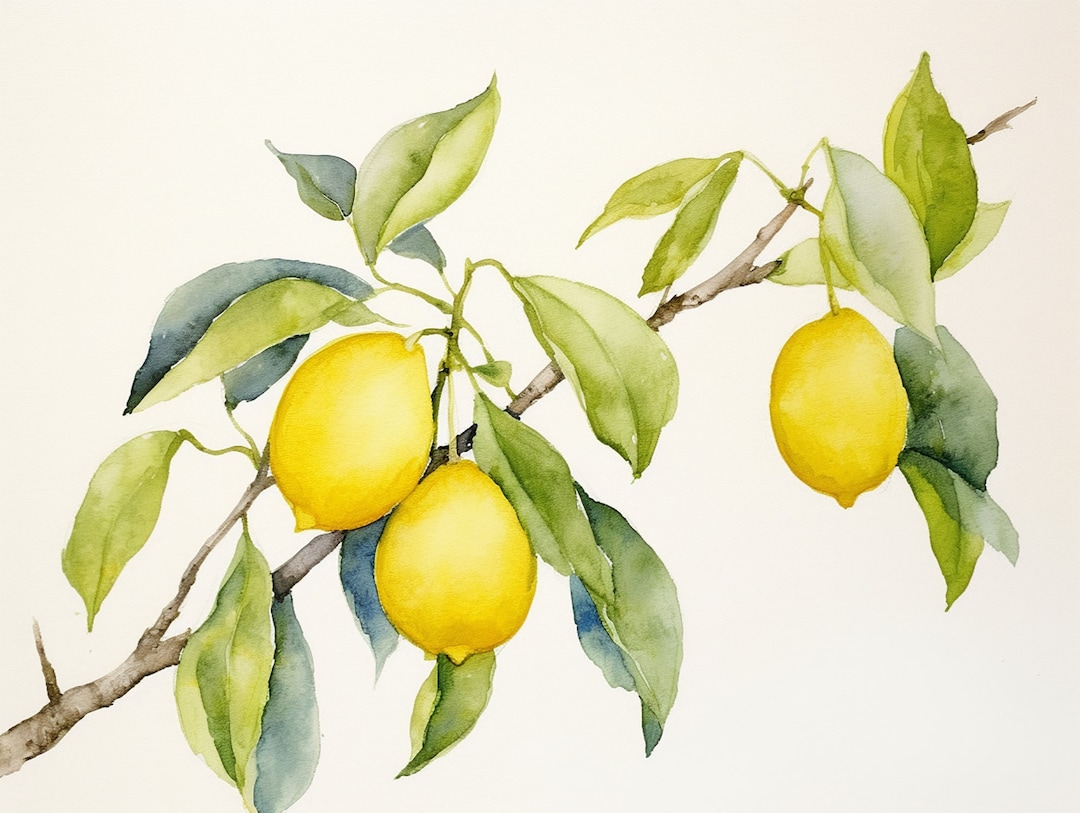 Branche de citron, peinture, impression d'art aquarelle citron, citrons ...